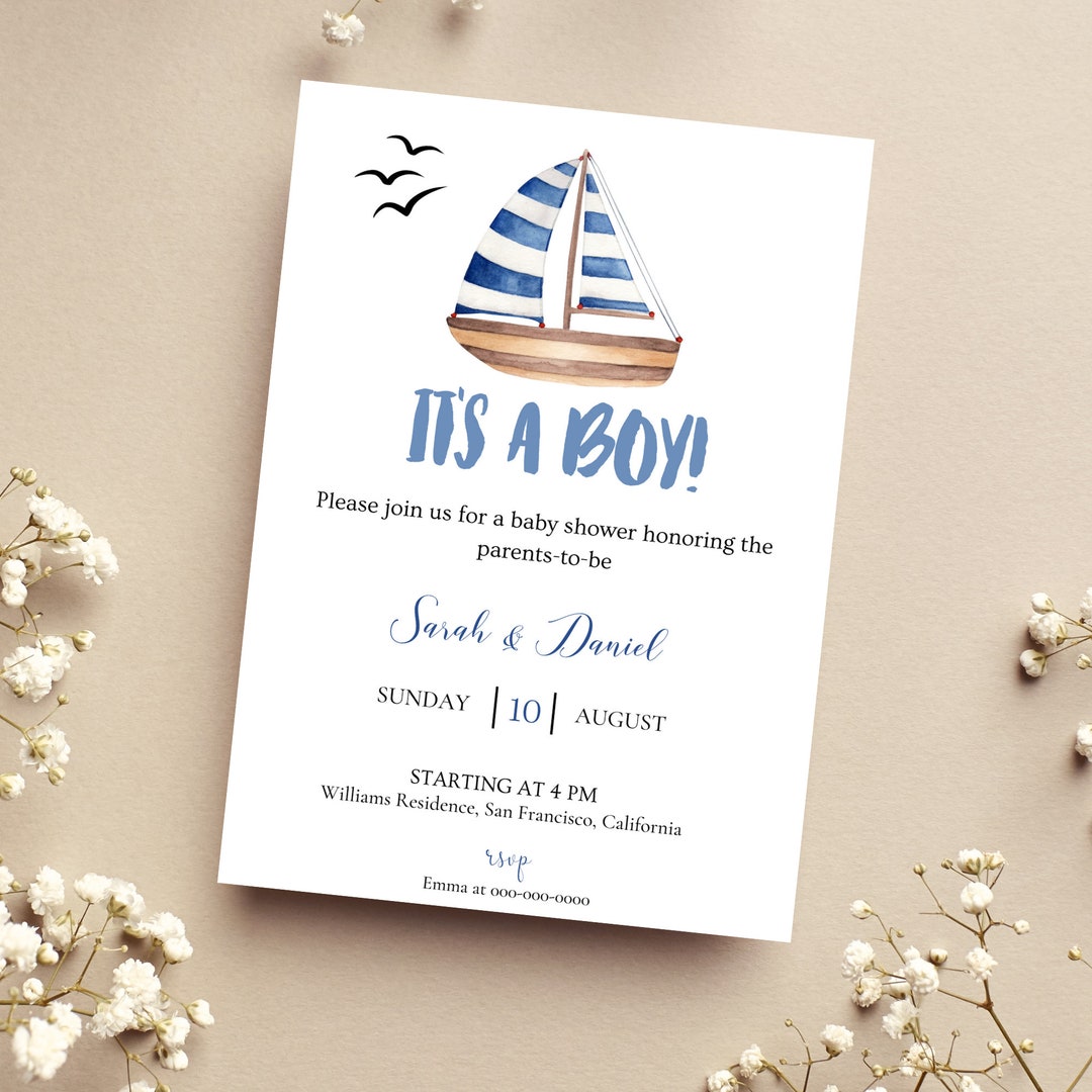 Nautical Baby Shower Invitation Template, Baby Boy, Sailing Boat ...