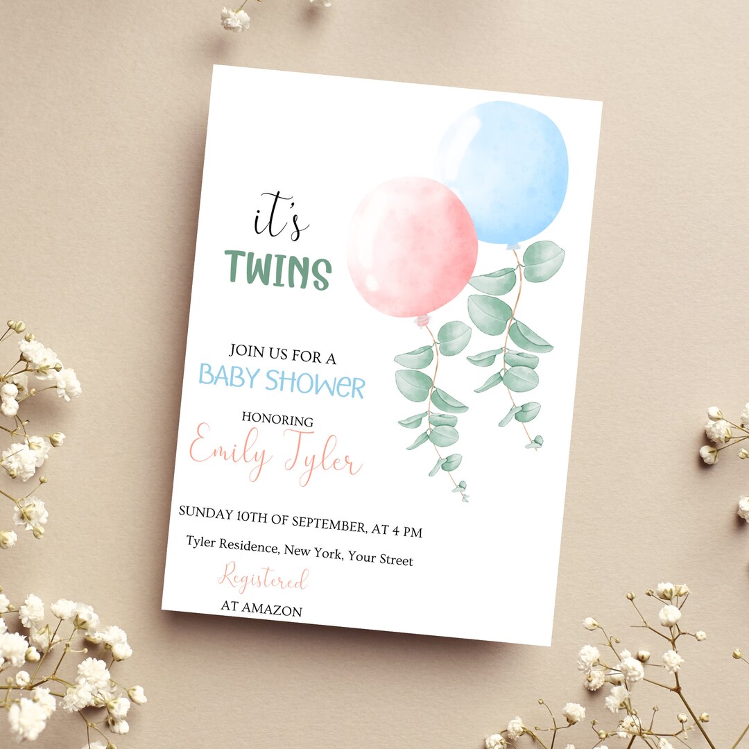 Twins Baby Shower Invitation Template, Pink and Blue Balloons ...