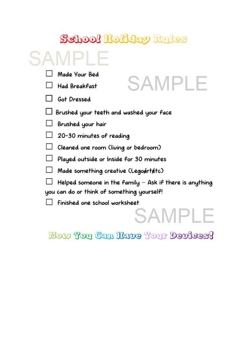 School Holiday Chore Chart to Earn Devices - Etsy