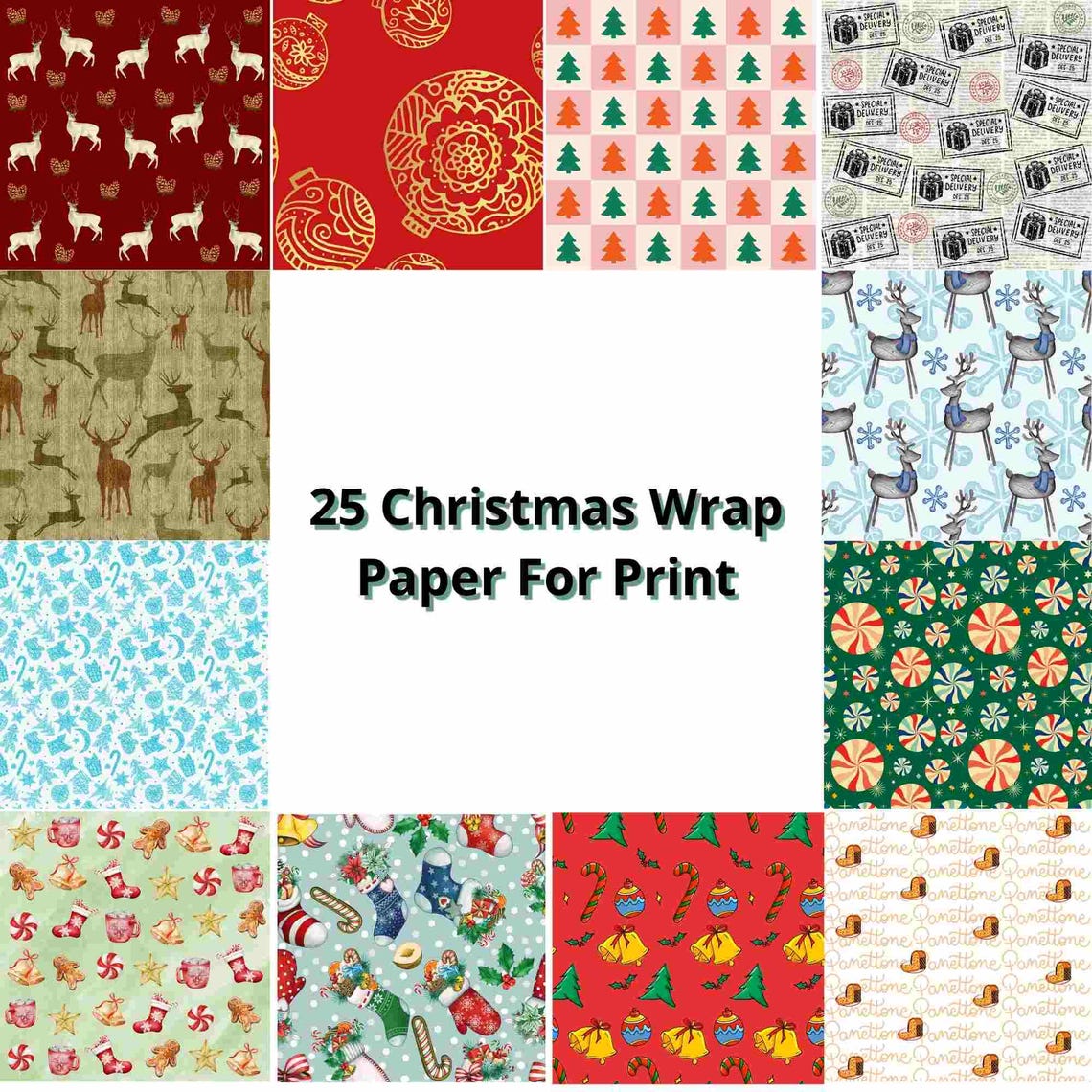 Printable Christmas Wrapping Paper Set 25 Festive Holiday Gift Wrap ...