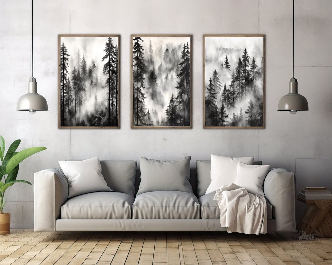 Monotone Forest Fire Trio Wall Art: Embracing Nature's Power, Instant ...