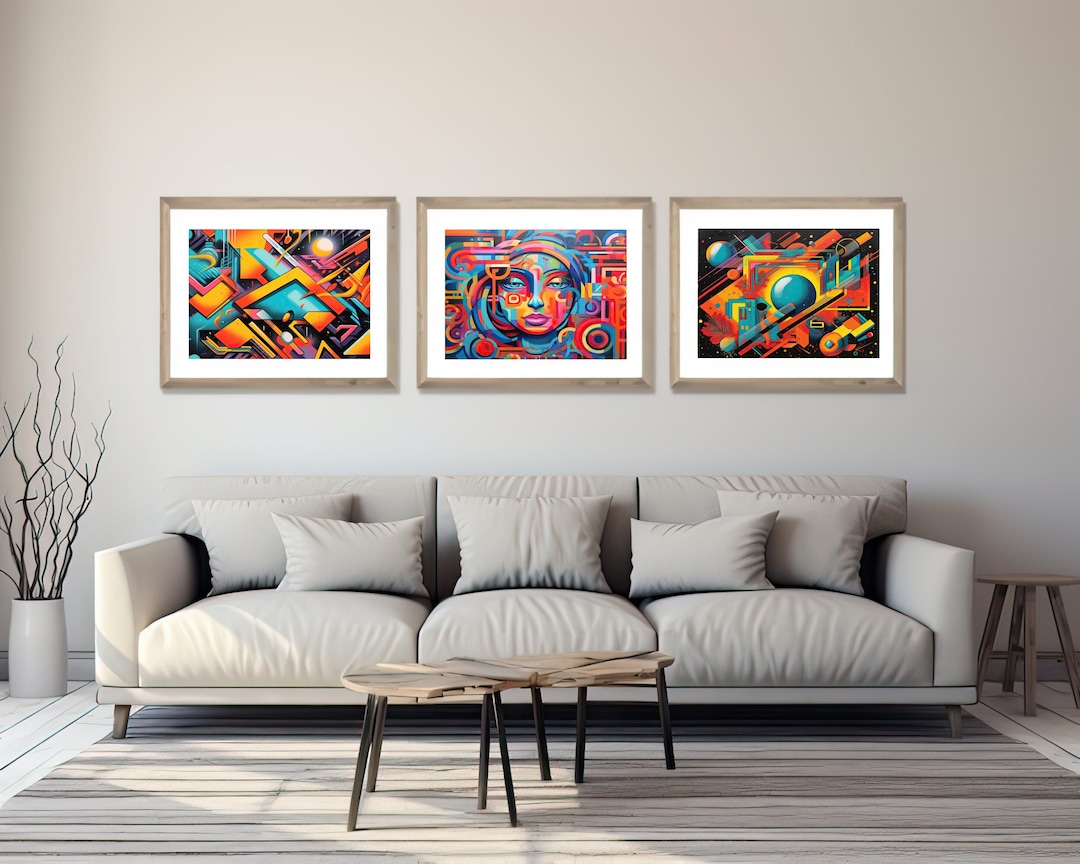 Retro Vibe: Trio Wall 80s Graffiti Street Art, 3 Ai-generated Original ...