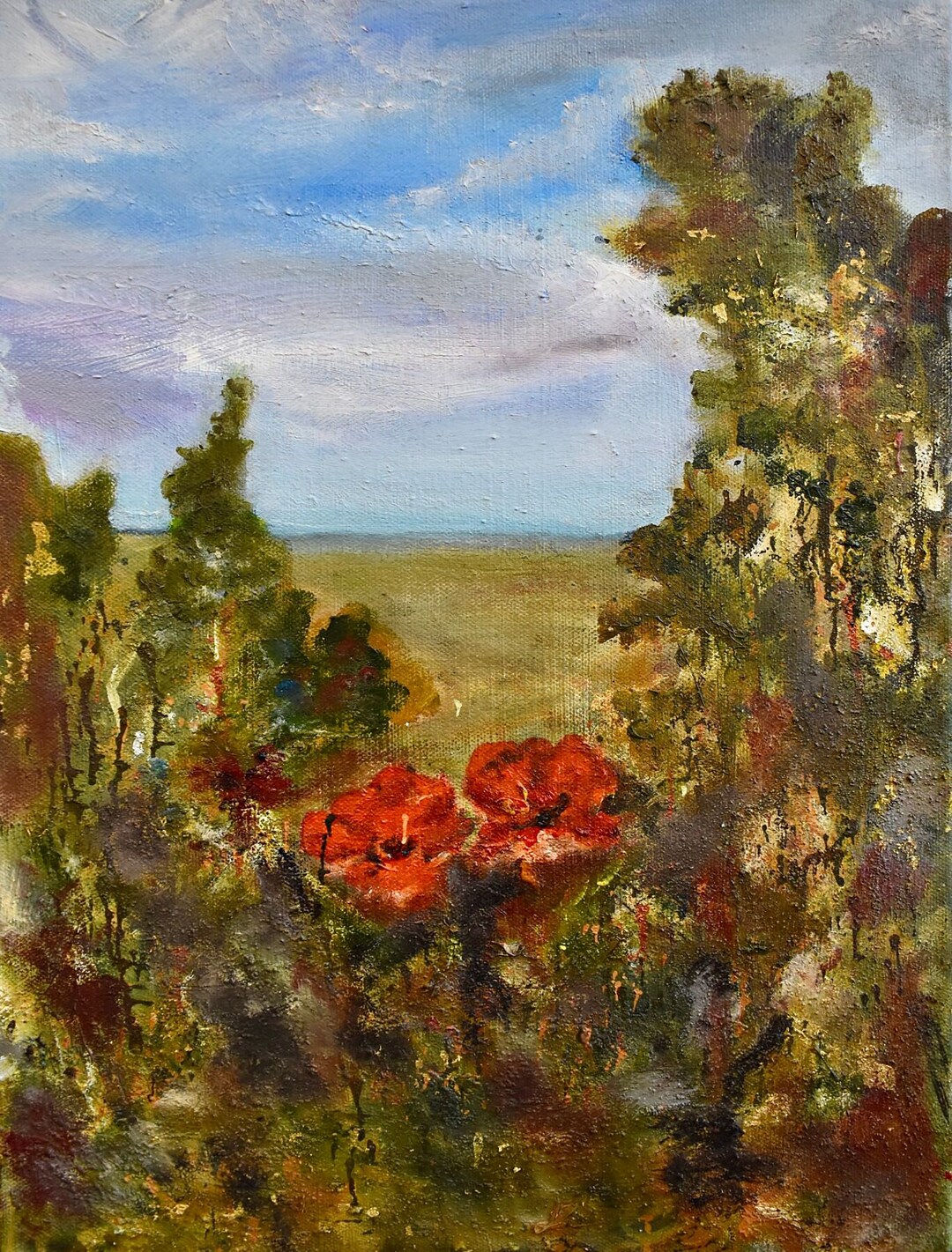 Red Poppies Hedgerow Landscape Painting Giclee Print of Oil Painting ...