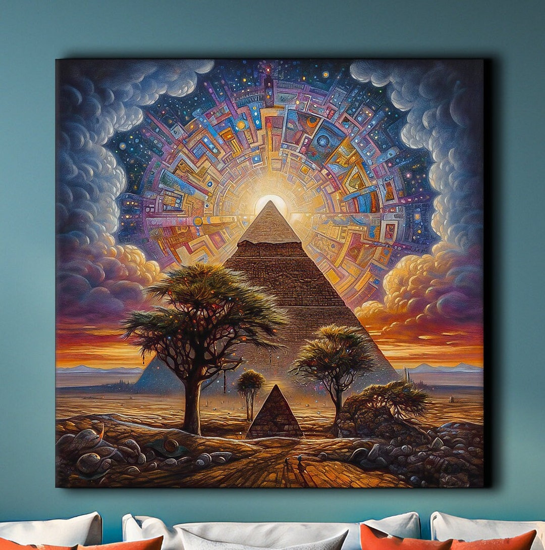 Pyramid Sun Eclipse Painting, Ancient Mystical Landscape, Fine Art ...