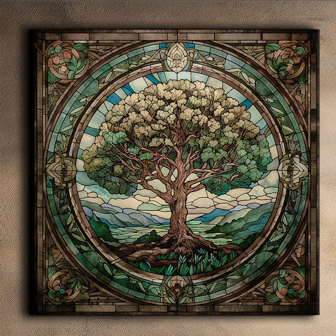 Yggdrasil Painting Canvas Print, Tree of Life Mandala, Stained Glass ...