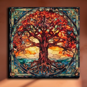Yggdrasil Painting Print, Tree of Life Wall Art, Stained Glass Canvas ...