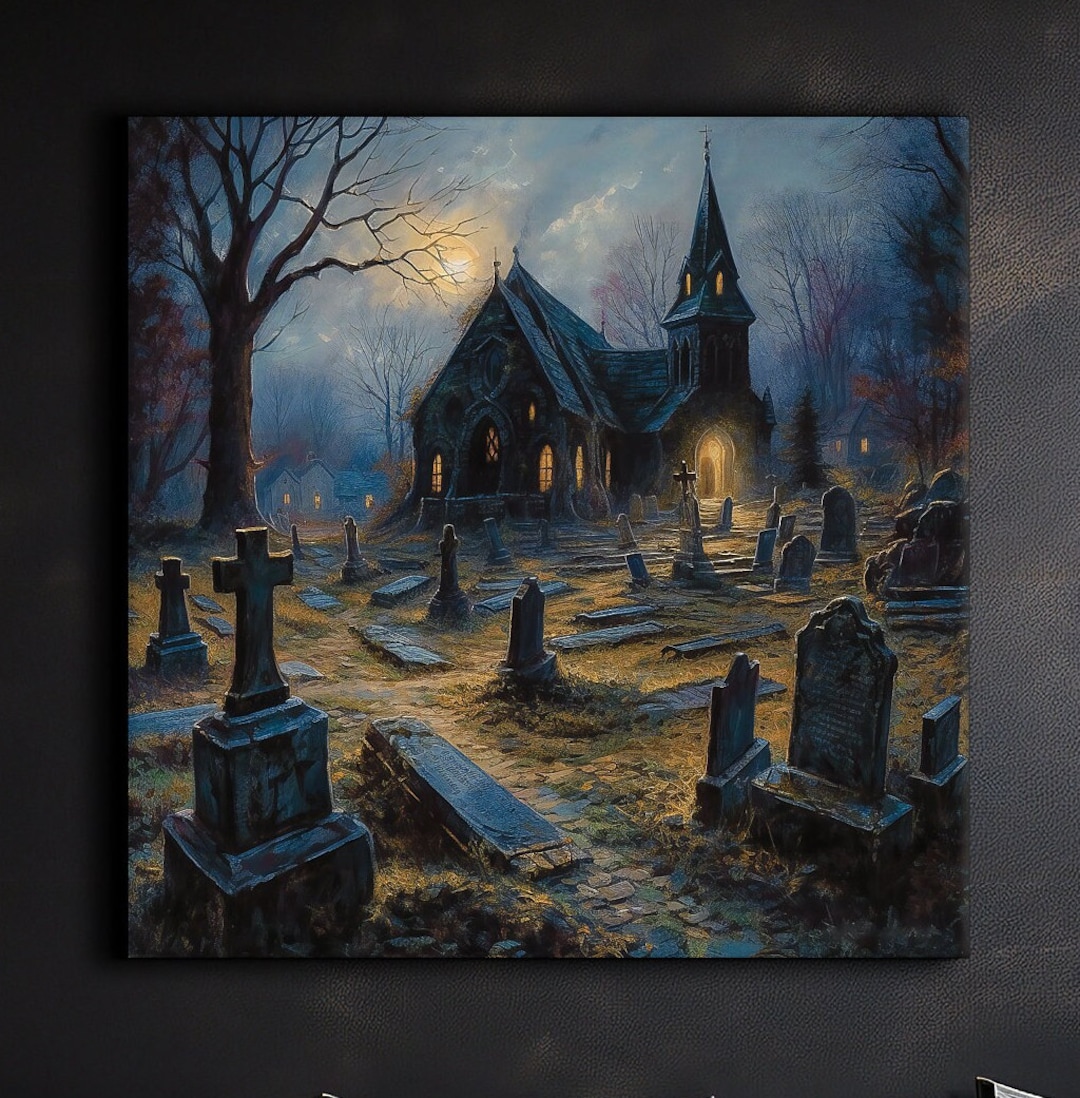 Haunted Graveyard Church Painting, Haunted House, Gothic Cemetery ...