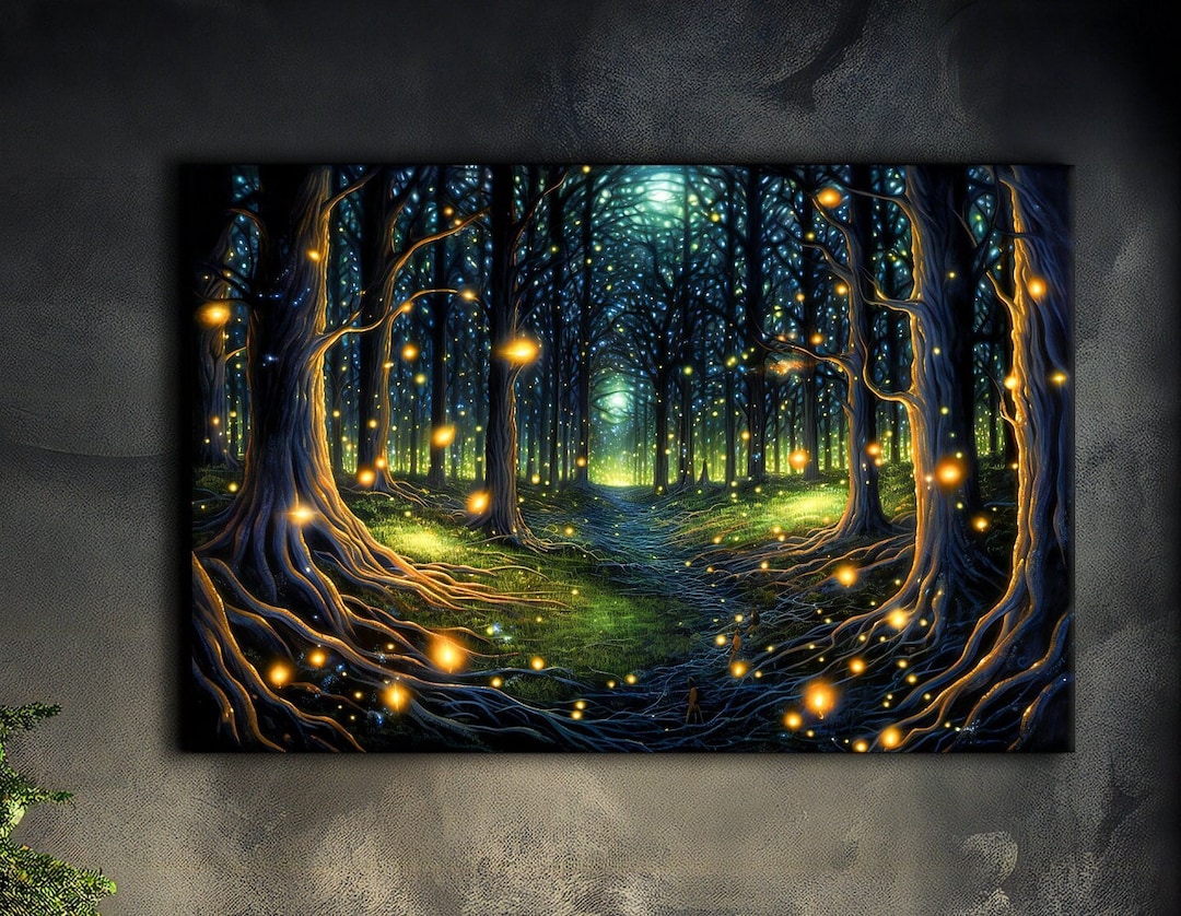 Fireflies Forest Poster, Magic Forest Wall Art, Psychedelic Artwork ...