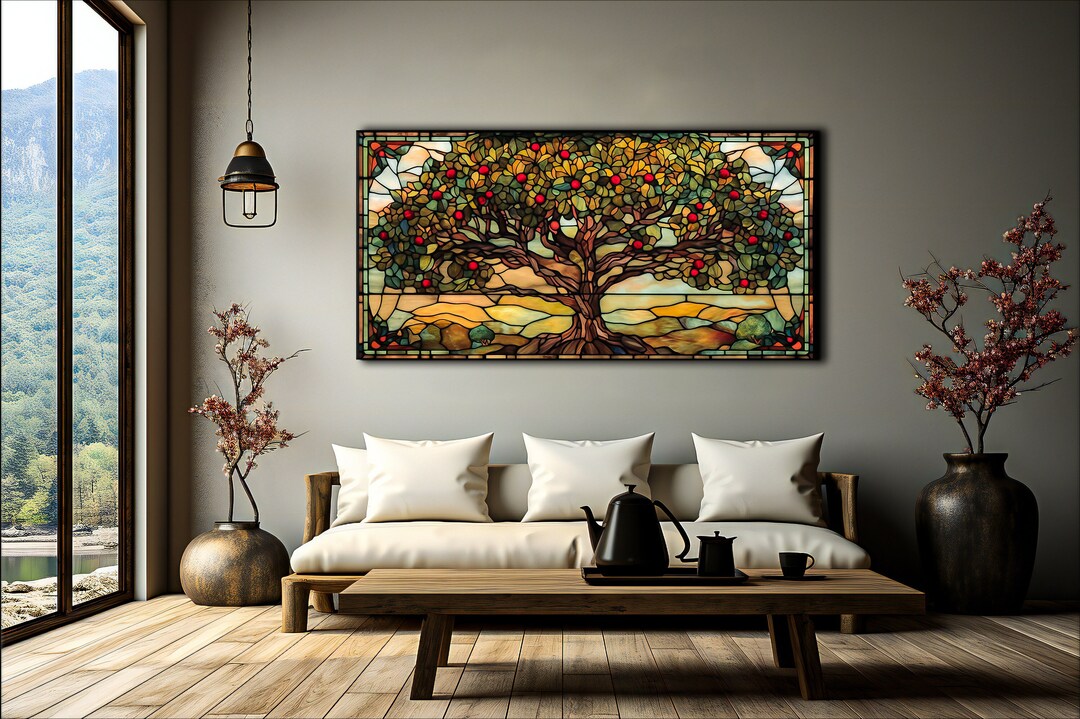 Autumn Rowan Tree Painting, Stained Glass Canvas Print, Tree of ...