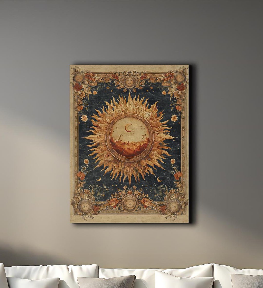 Vintage Boho Sun and Moon Canvas Print, Cosmic Floral Wall Art ...