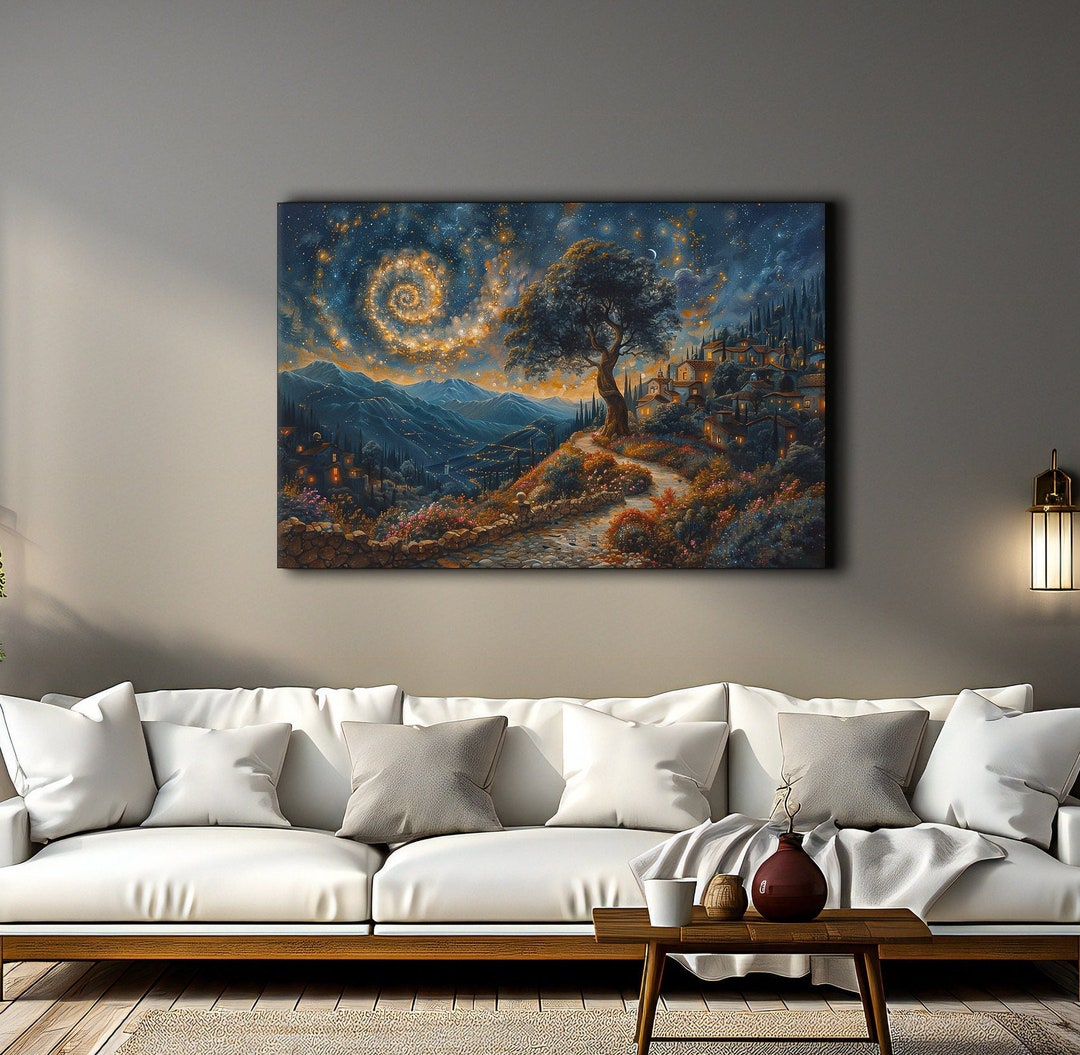 Mediterranean Nightscape Canvas Print: Starlit Mountain Village, Tree ...
