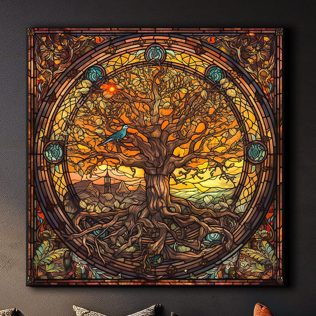 Yggdrasil Stained Glass, Tree of Life Painting, Rustic Natural Wall Art ...