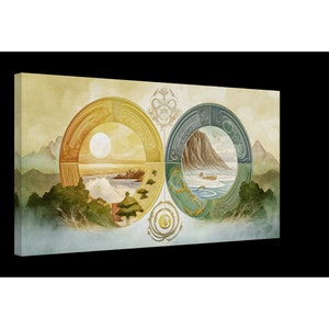 Yin Yang Canvas Print, Sun Moon Wall Art, Mountain River Art, Boho Wall ...