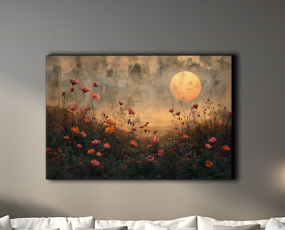 Rustic Wildflower Full Moon Painting, Vintage Floral Canvas Print, Warm ...
