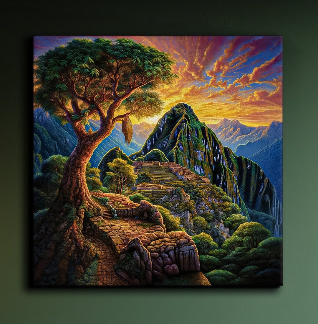Machu Picchu Painting Canvas Print, Mountain Sunrise Wall Art, Mayan ...