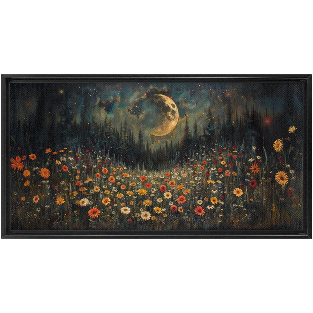 Framed Wildflower Moon Pine Tree Painting, Alpine Forest Canvas Print ...