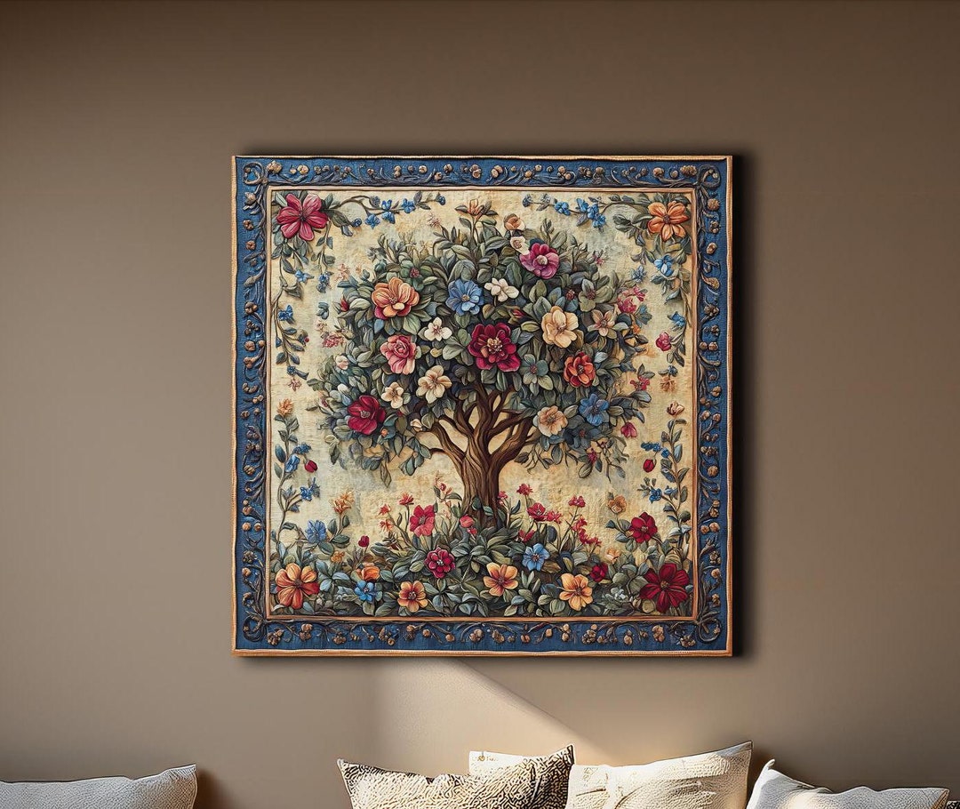 Colorful Floral Tree Canvas Print, Vintage Botanical Wall Art, Rustic ...
