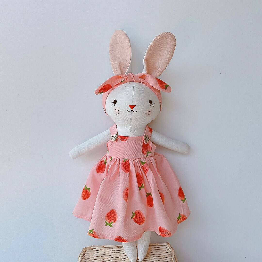 Bunny Dolll With Pink Strawberry Dress, Heirloom Handmade Doll, Textile ...