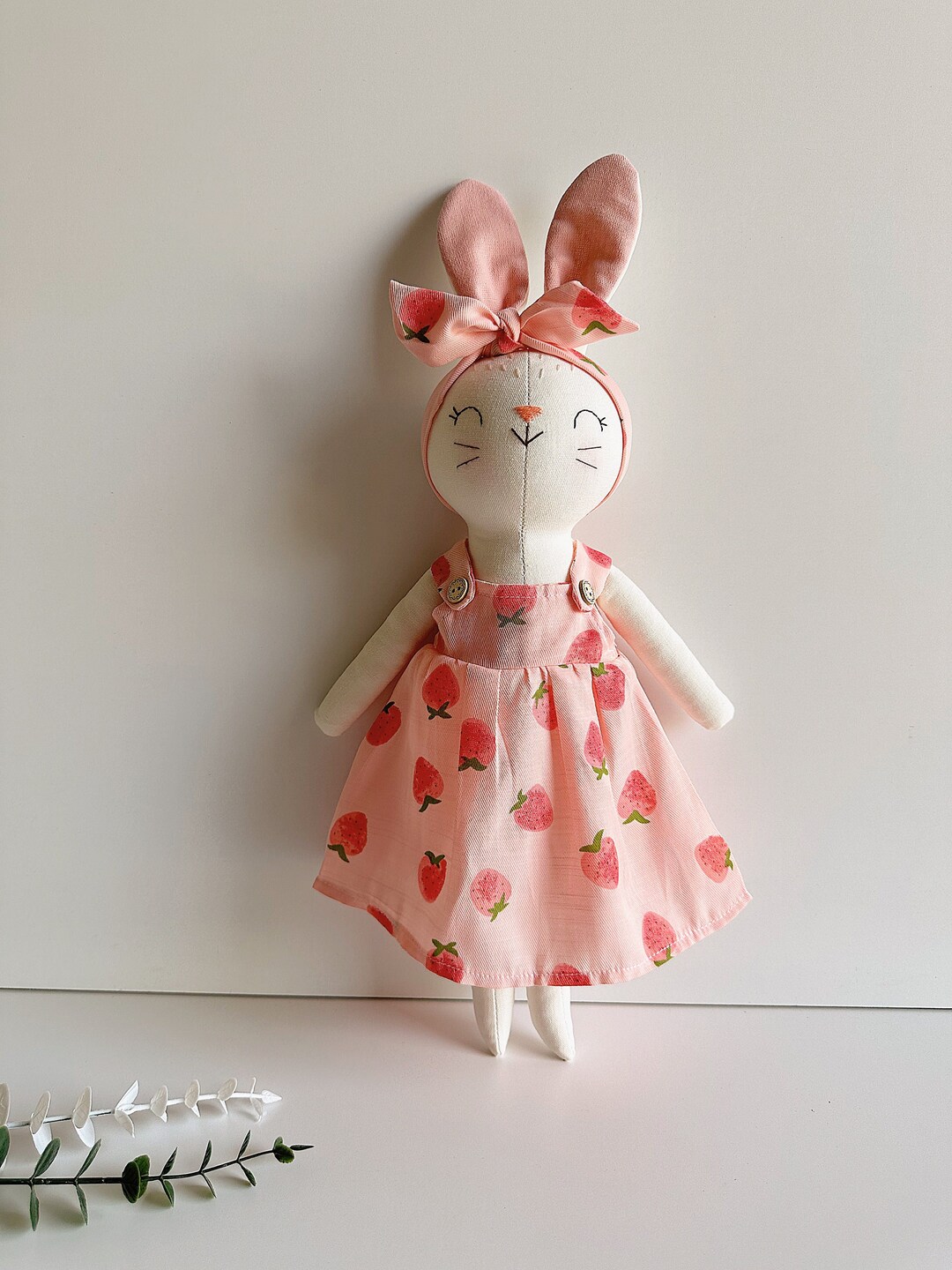 Bunny Dolll With Pink Strawberry Dress Heirloom Handmade - Etsy