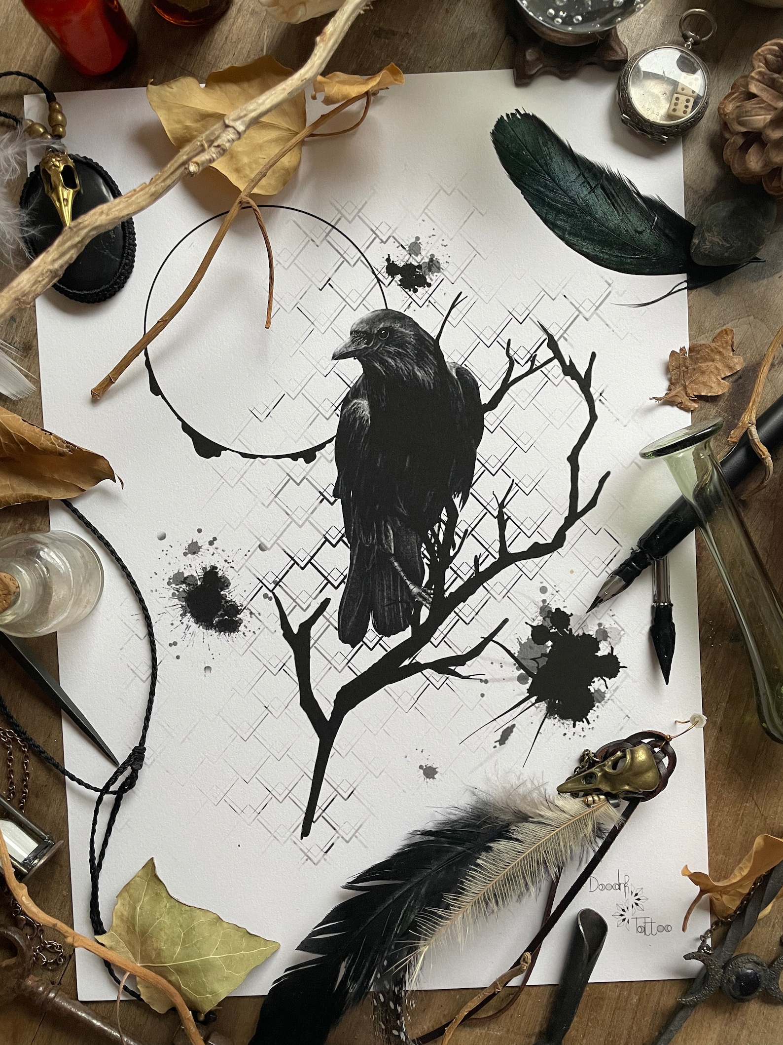 Illustration graphique de corbeau sur sa branche - Etsy France