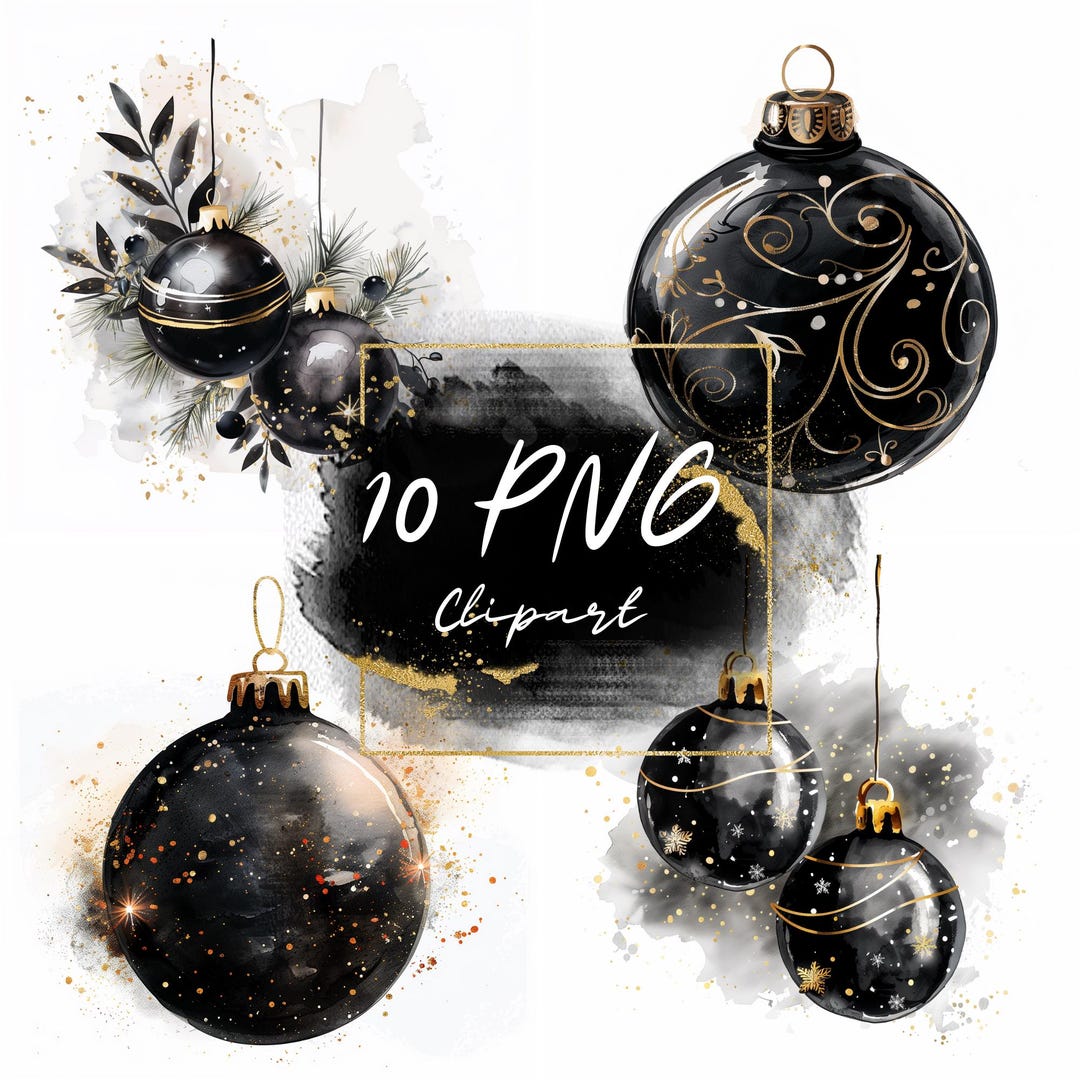 Black Watercolor Christmas Baubles Clipart, Elegant Festive Decorations ...