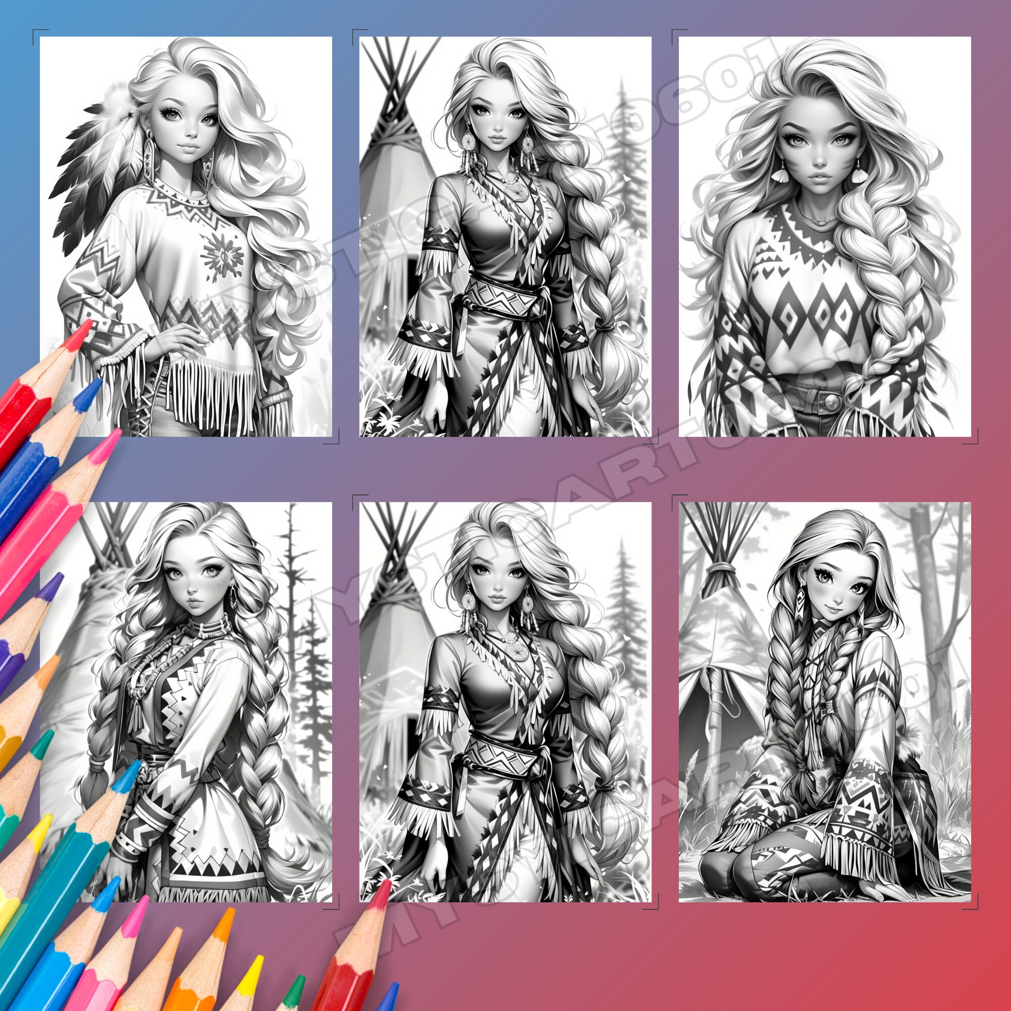 Cute Native American Girl Coloring Book - 30 Page Grayscale Coloring ...