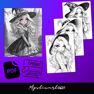 Witch Girl Coloring Book – 30 Grayscale Pages (printable PDF) - Etsy