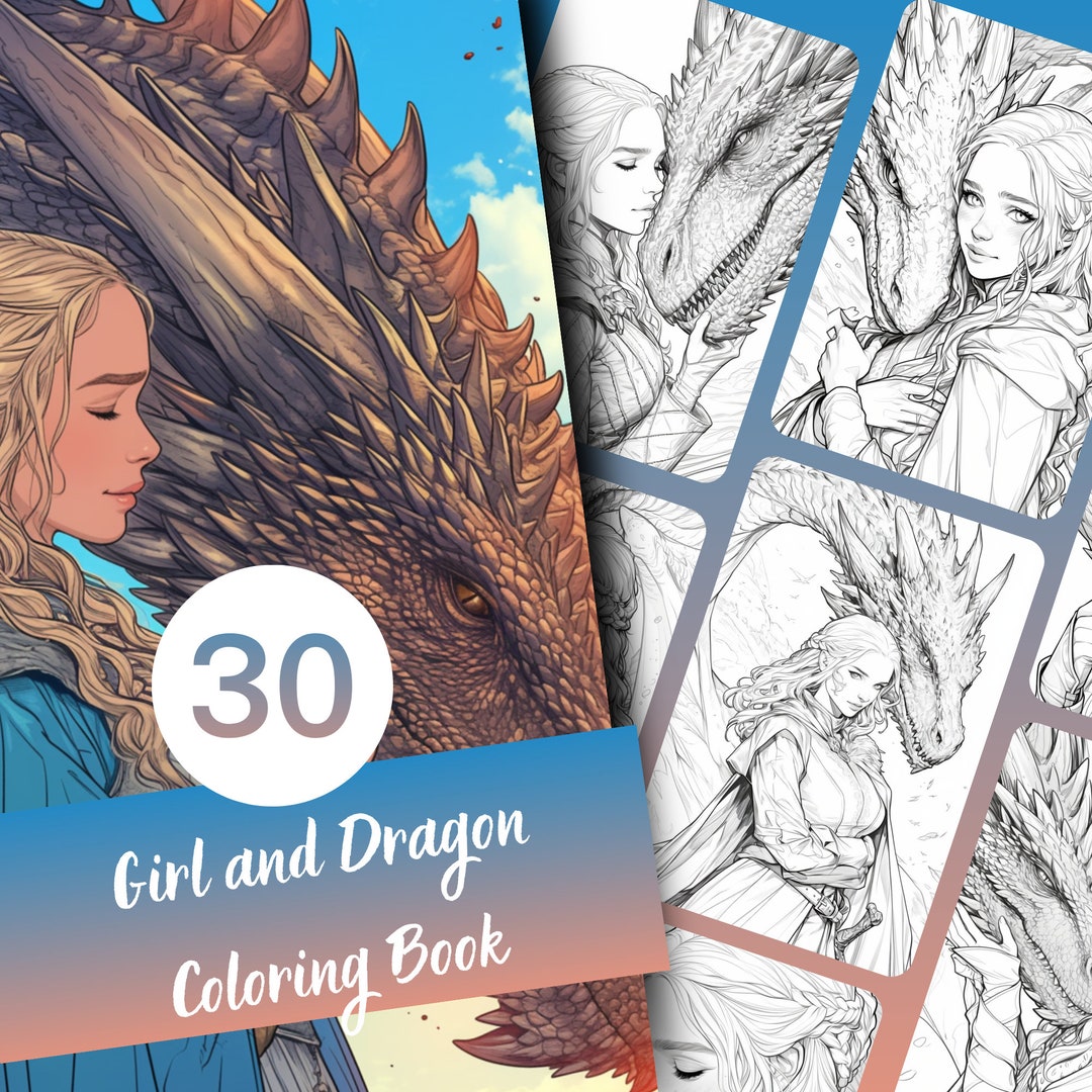 Girl and Dragon Coloring Book, 30 Pages Featuring a Beautiful Girl and ...