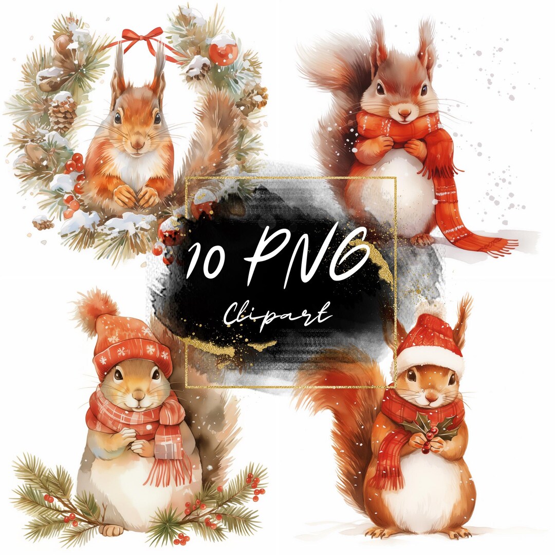 Watercolor Christmas Squirrel Clipart,cute Squirrel With Festive ...