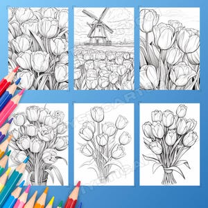 Beautiful Tulips Coloring Book - 30 Page Grayscale Coloring Book for ...