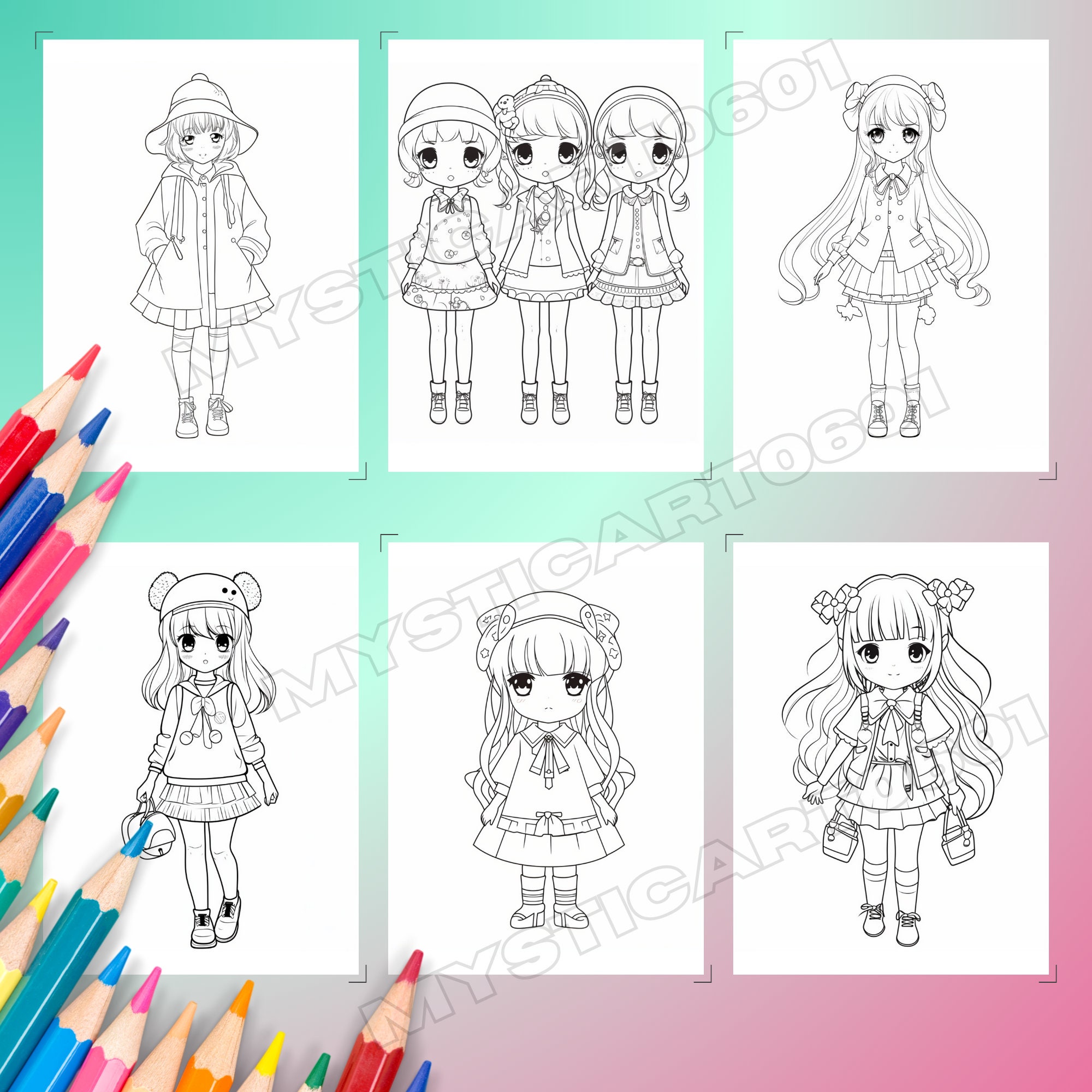 Kawaii School Fashion Coloring Book, 30 Page Kawaii Schoolchildren ...