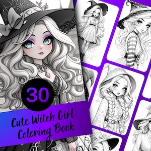 Cute Witch Girl Coloring Book - 30 Page Grayscale Coloring Book for ...