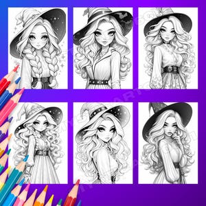 Cute Witch Girl Collection Coloring Book - 60 Page Grayscale Coloring ...