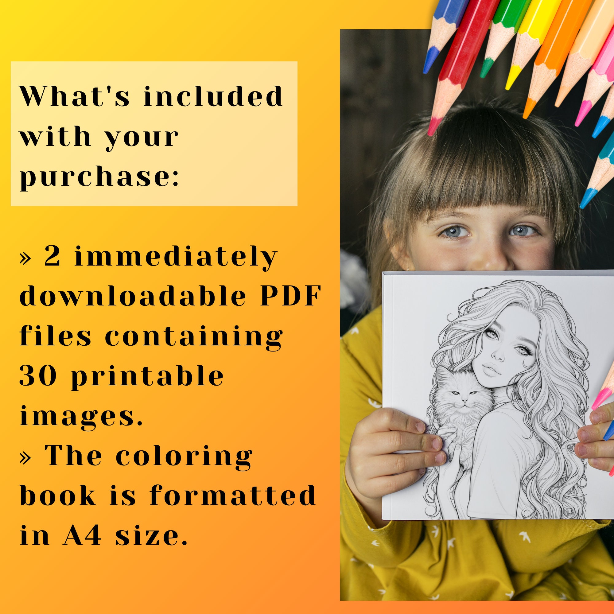 Beautiful Girl and Her Cat Coloring Book, 30 Pages Featuring a ...