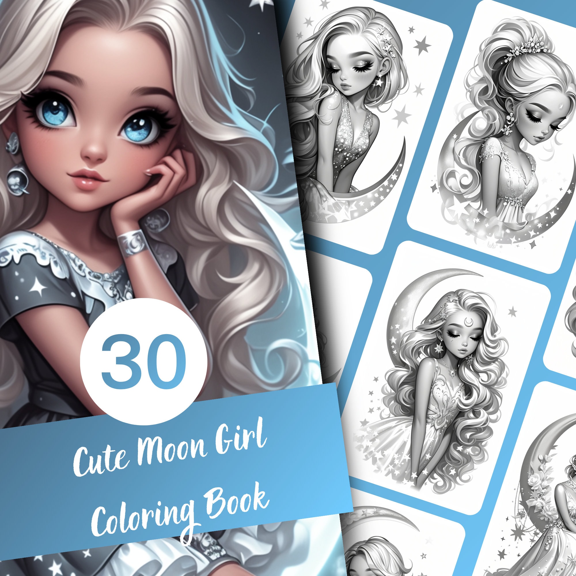 Cute Moon Girl Coloring Book 30 Page Grayscale Coloring Book for Kids ...