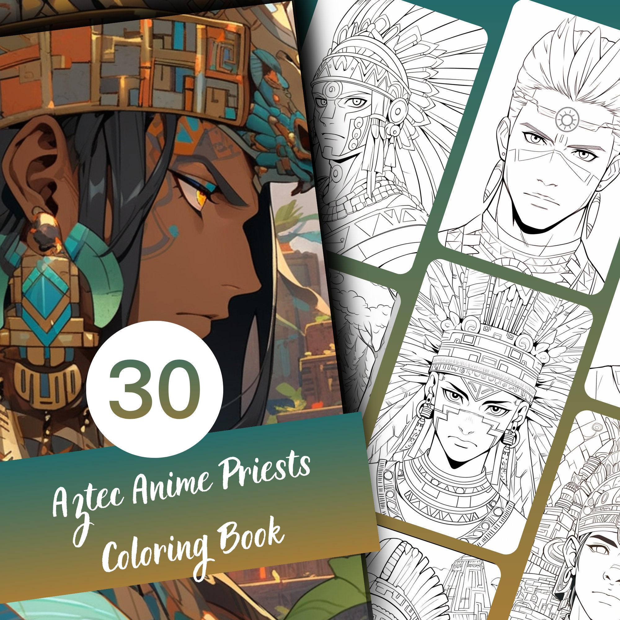Aztec Anime Priests Coloring Book, 30 Pages Featuring Aztec Priests in ...