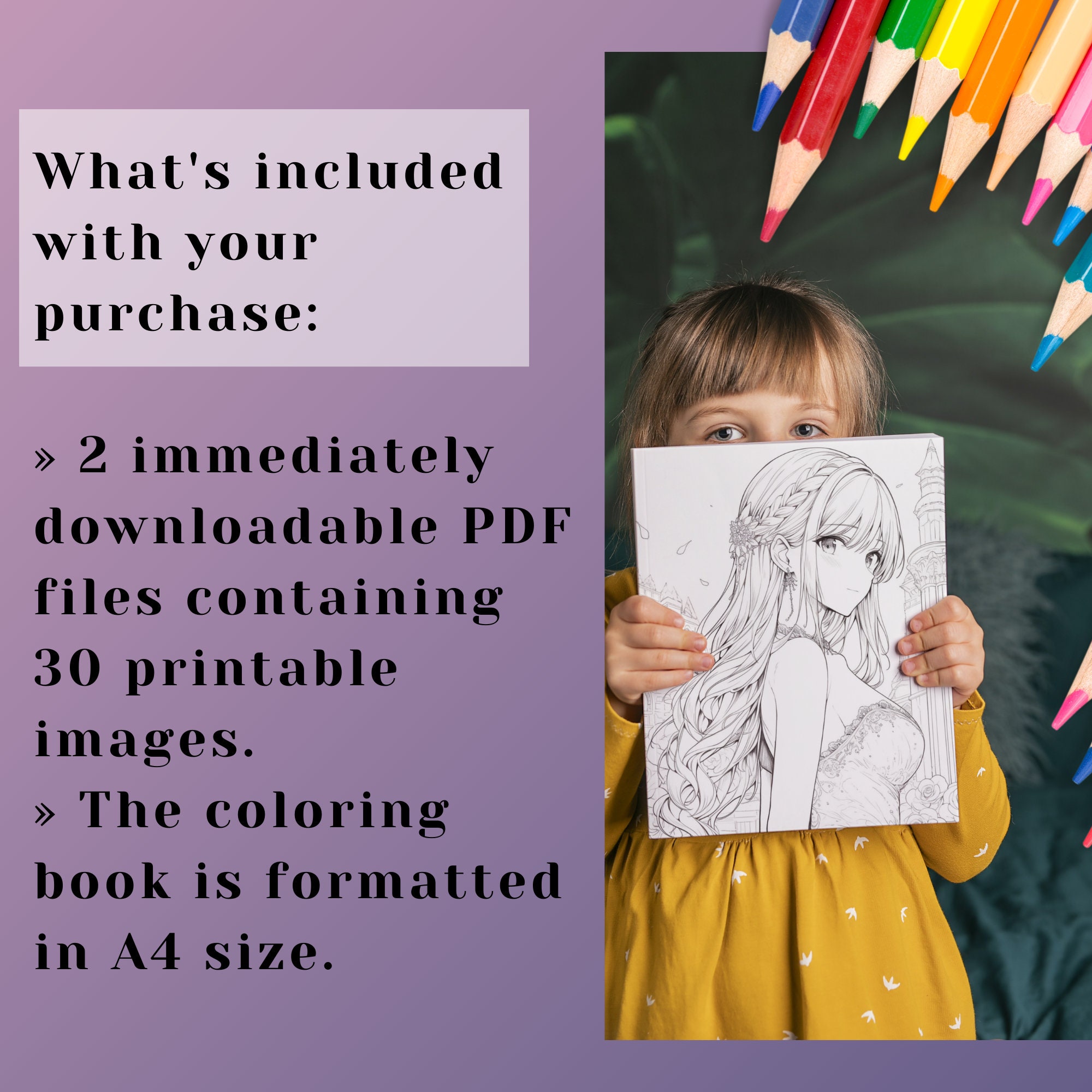 Beautiful Elegant Anime Girls Coloring Book, 30 Page Fantasy Anime Girl ...