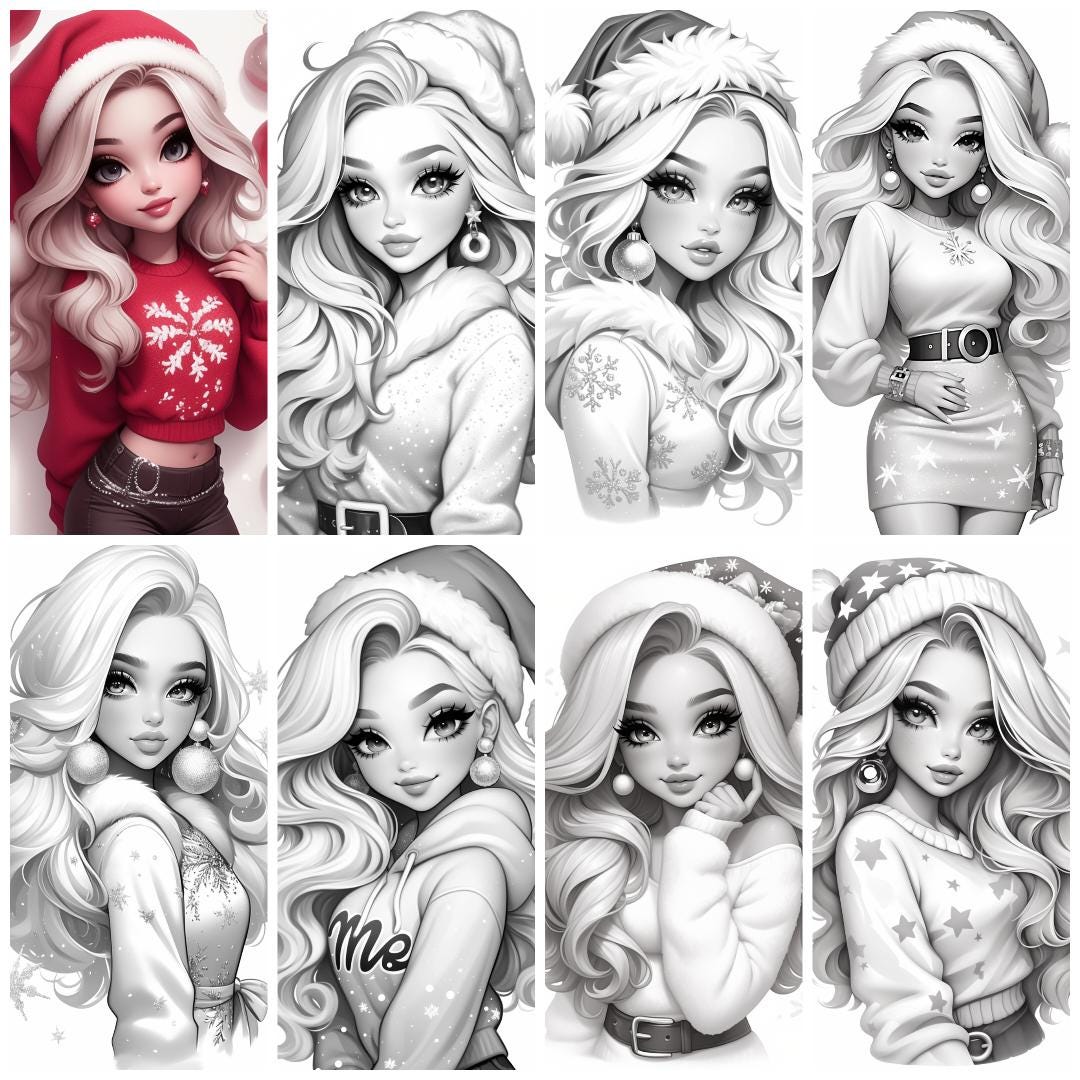 Cute Christmas Girls Collection Coloring Book - 60 Page Grayscale ...
