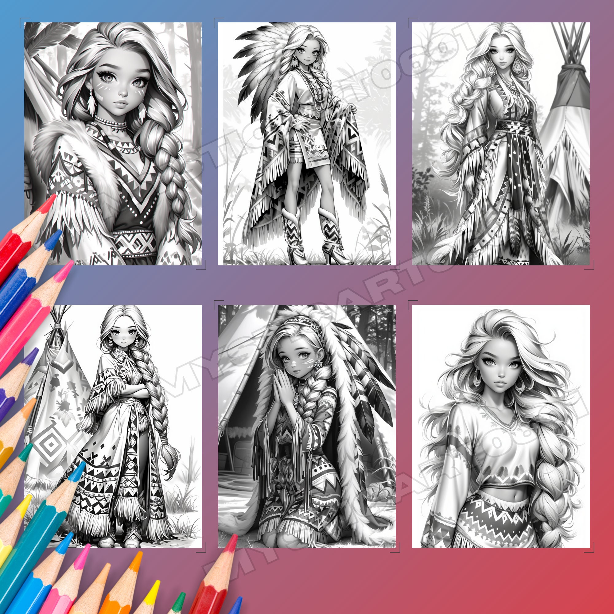 Cute Native American Girl Coloring Book, 30 Pages of Adorable Native ...