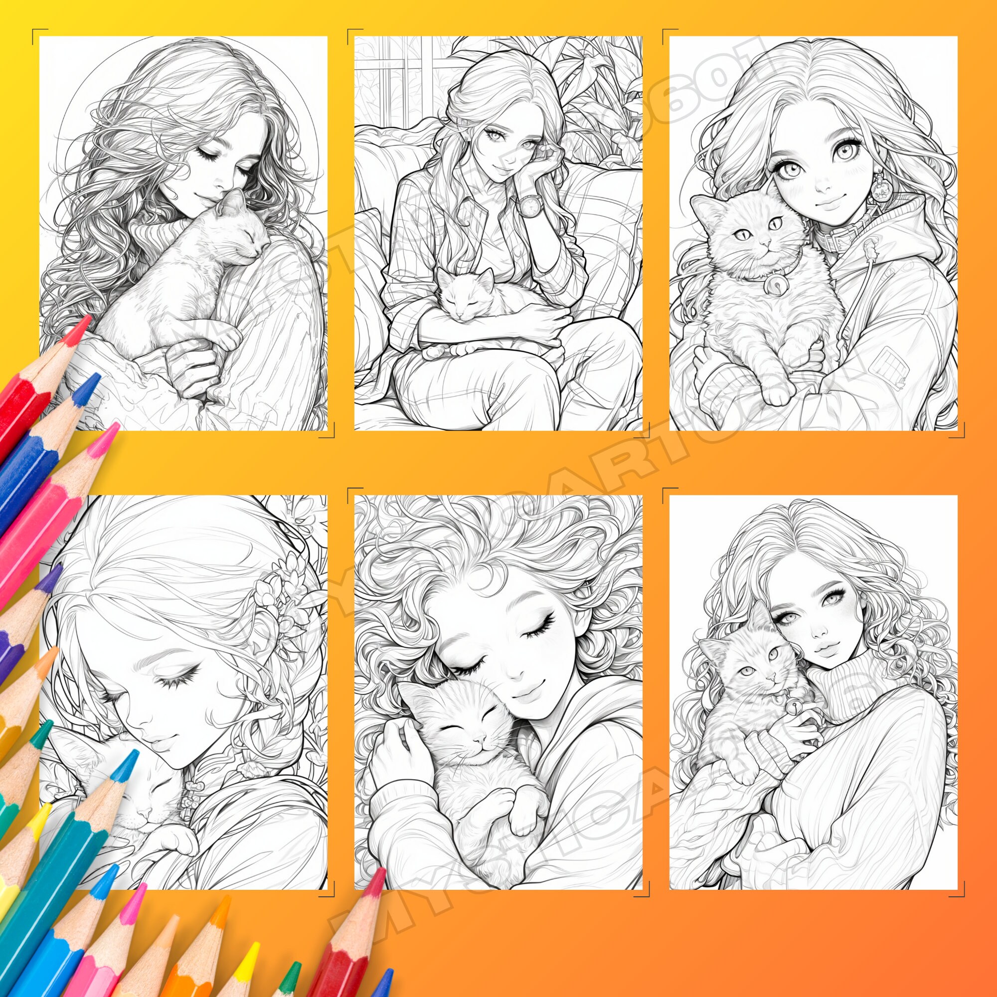 Beautiful Girl and Her Cat Coloring Book, 30 Pages Featuring a ...