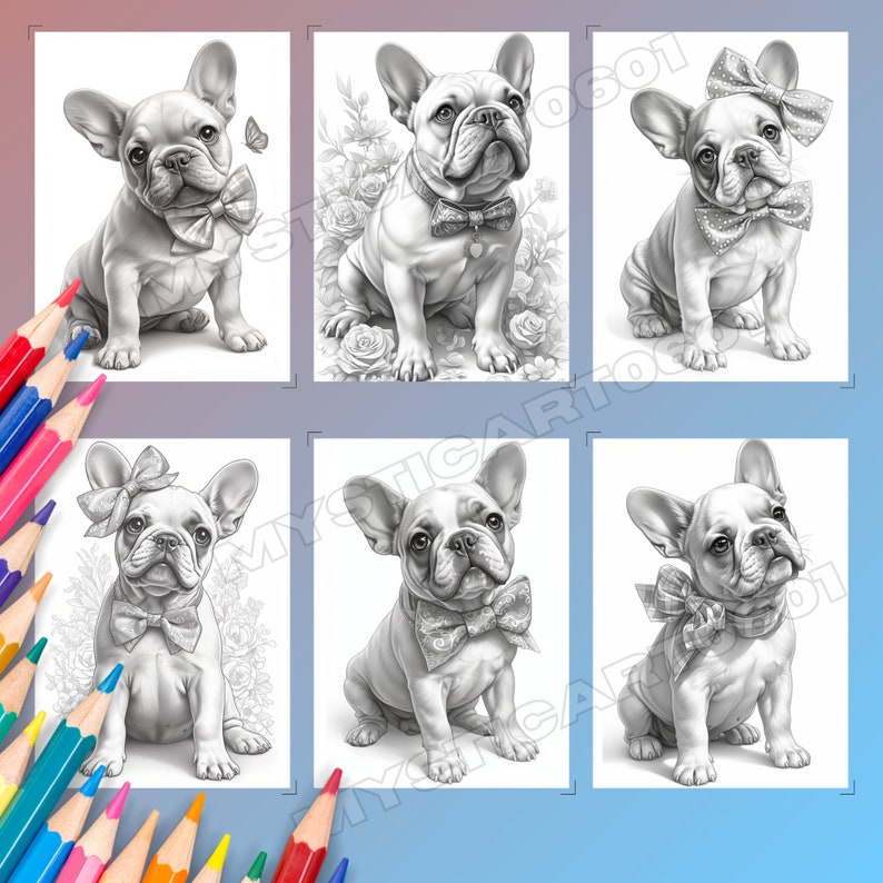 Cute French Bulldog Dog With Bows Coloring Book, 30 Pages of Adorable ...