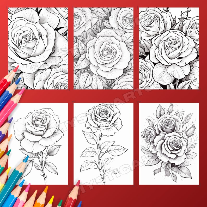 Roses Coloring Book for Adults and Teens, 30 Grayscale Floral Coloring ...