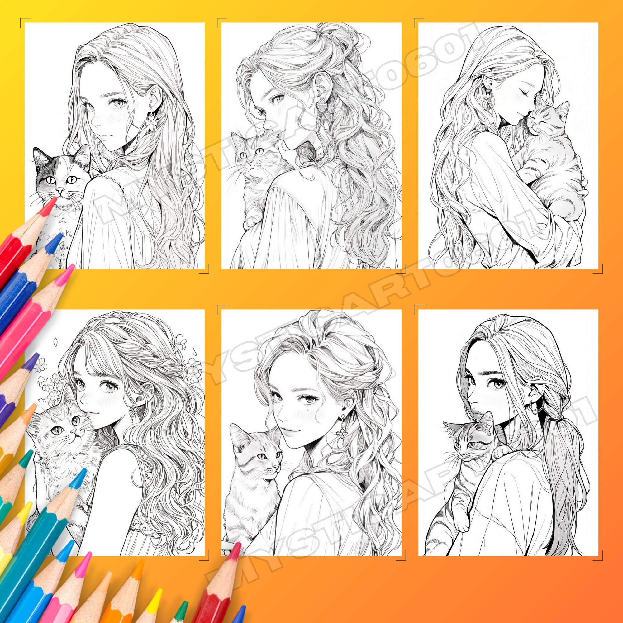 Beautiful Girl and Her Cat Coloring Book, 30 Pages Featuring a ...