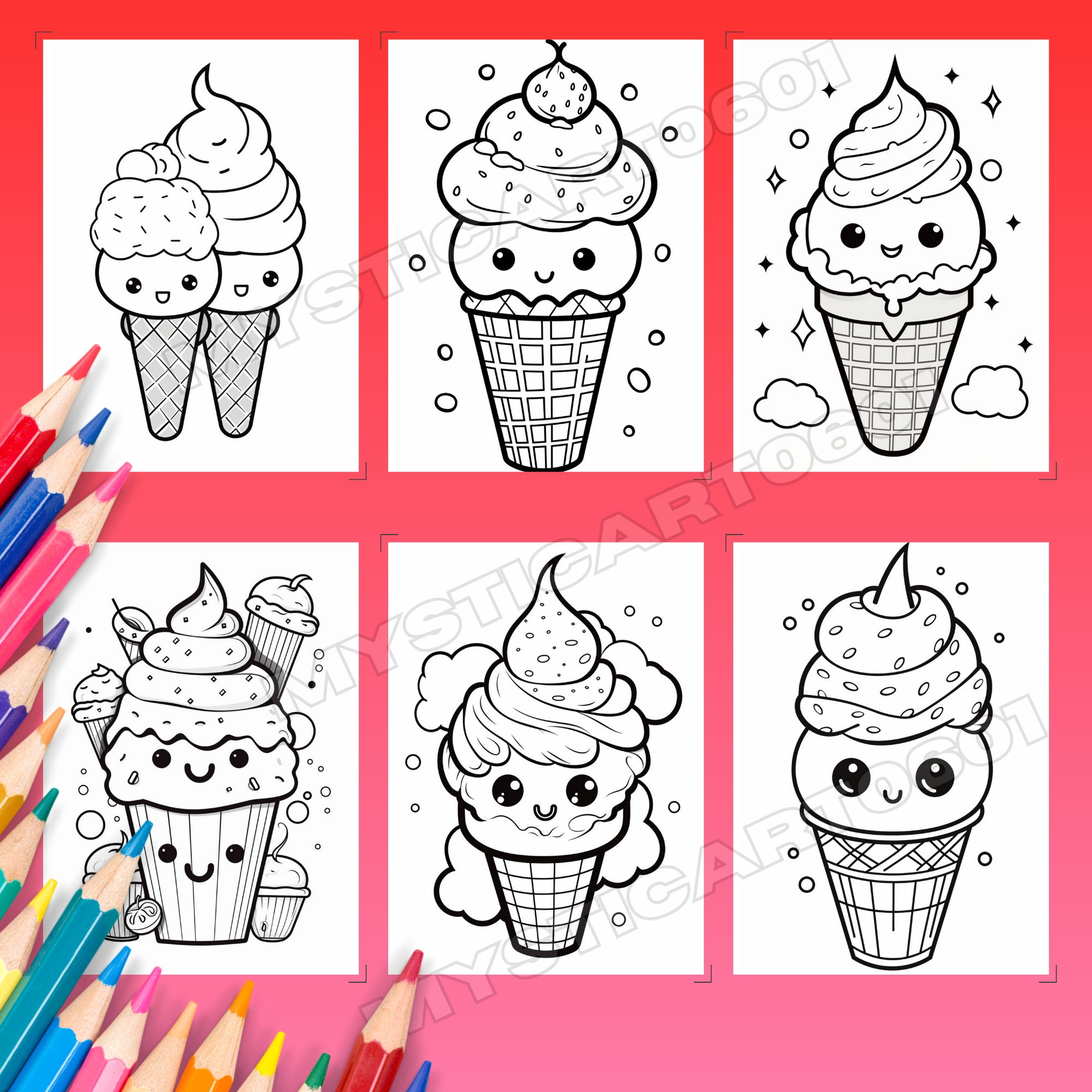 Cute Kawaii Ice Cream Coloring Book, 30 Page Coloring Book Featuring ...