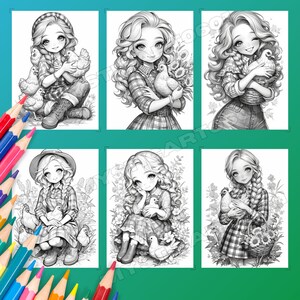 Cute Farmer Girl Coloring Book - 30 Page Grayscale Coloring Book for ...