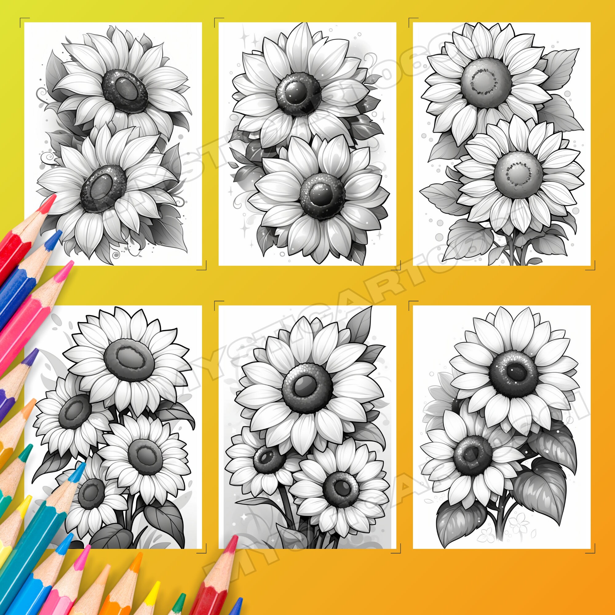 Sunflower Grayscale Coloring Book - 30 Page Floral Art (printable PDF ...