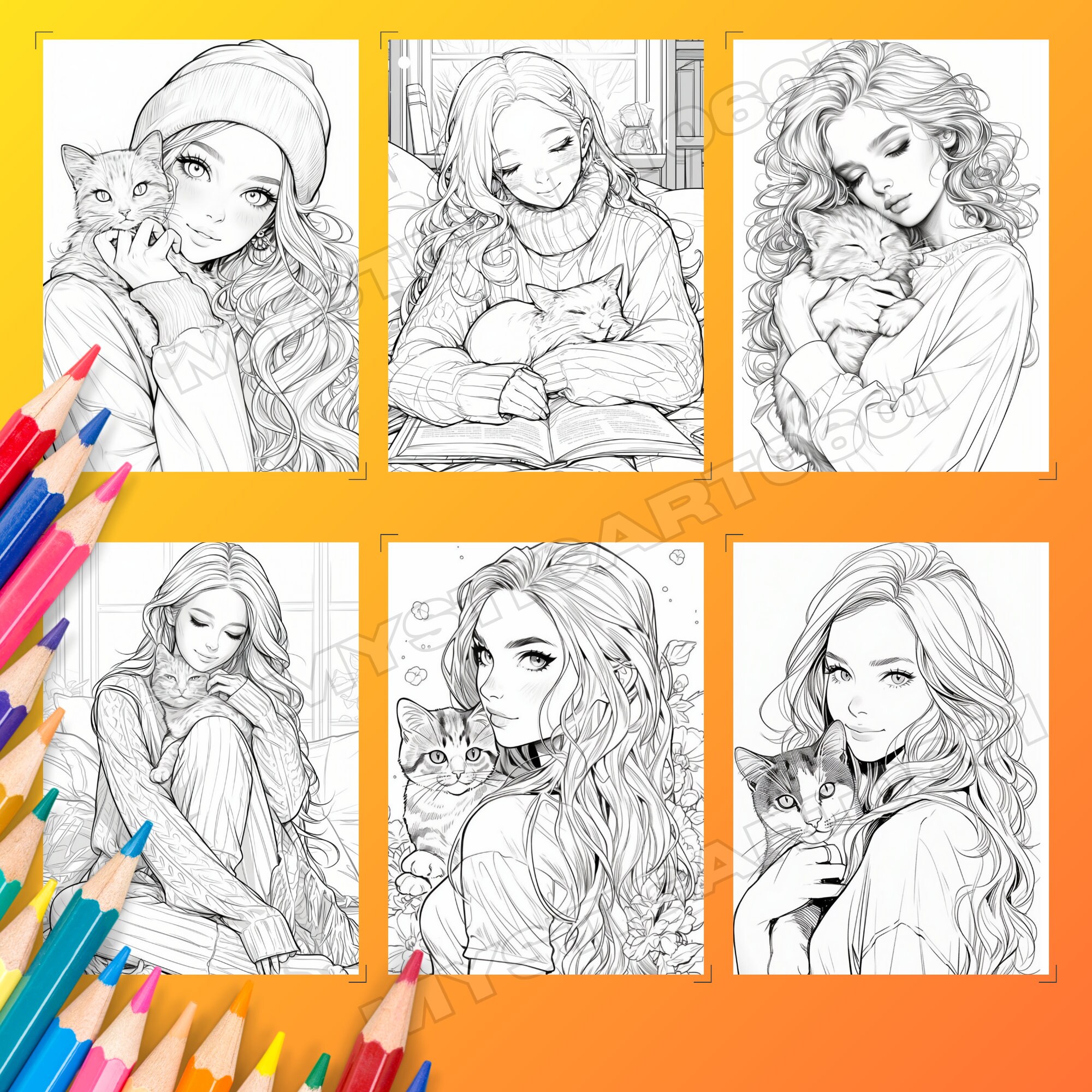 Beautiful Girl and Her Cat Coloring Book, 30 Pages Featuring a ...