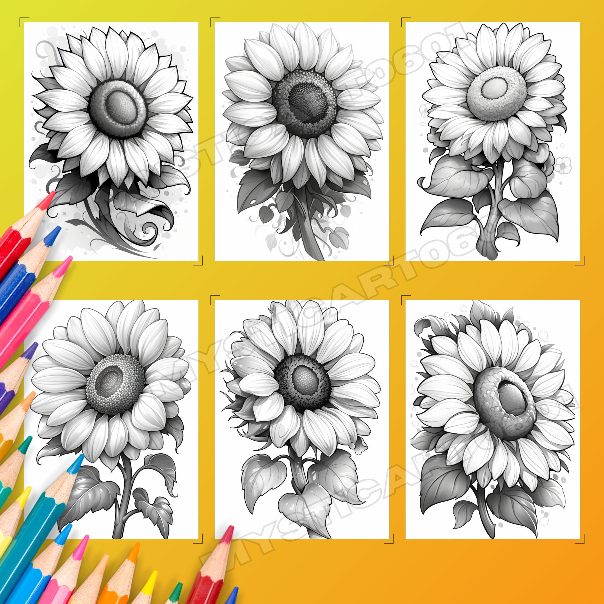 Sunflower Grayscale Coloring Book - 30 Page Floral Art (printable PDF ...