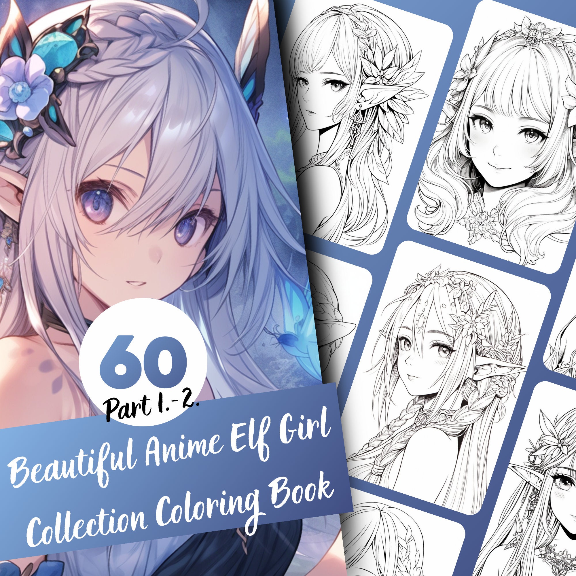 Beautiful Anime Elf Girl Portraits Collection Coloring Book, 30 Page ...