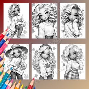 Cute Autumn Fashion Girl Part 2. Coloring Book - 30 Page Grayscale ...